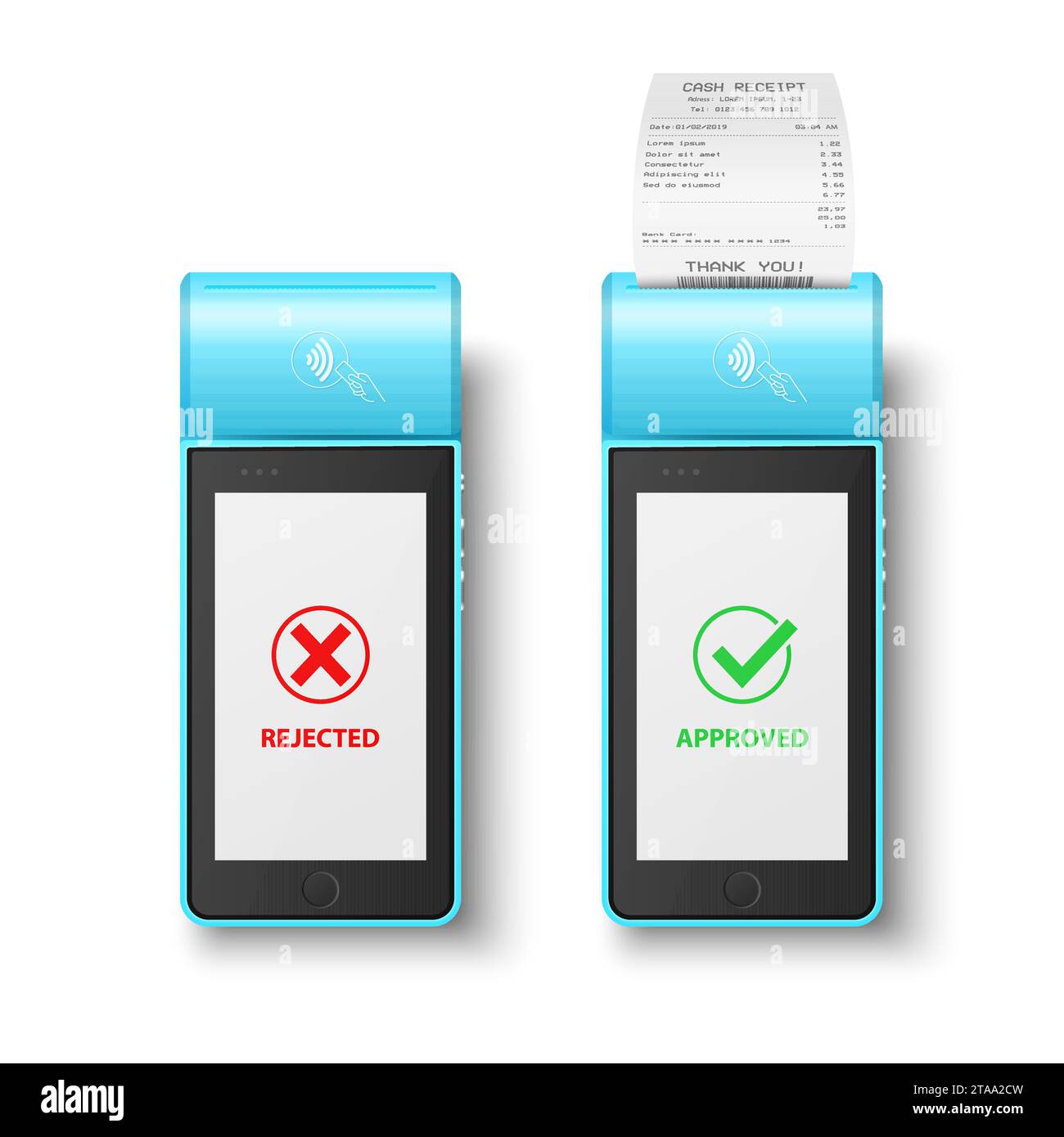 Vector 3d Blue NFC Payment Machine with Rejected and Approved Status, Paper Cash Receipt, Bill ...