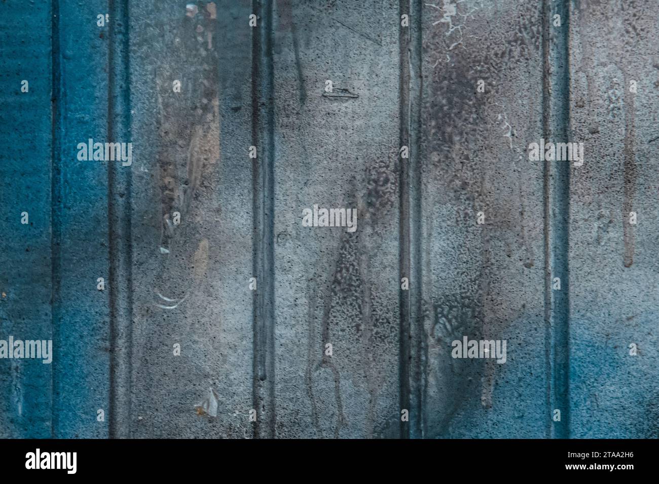 Blue paint on old dirty fence surface weathered texture background ...