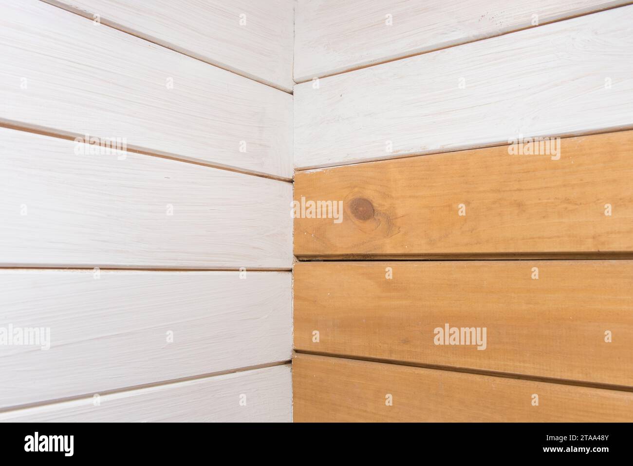 Wooden white brown boards corner plank joint interior part sample wall ...