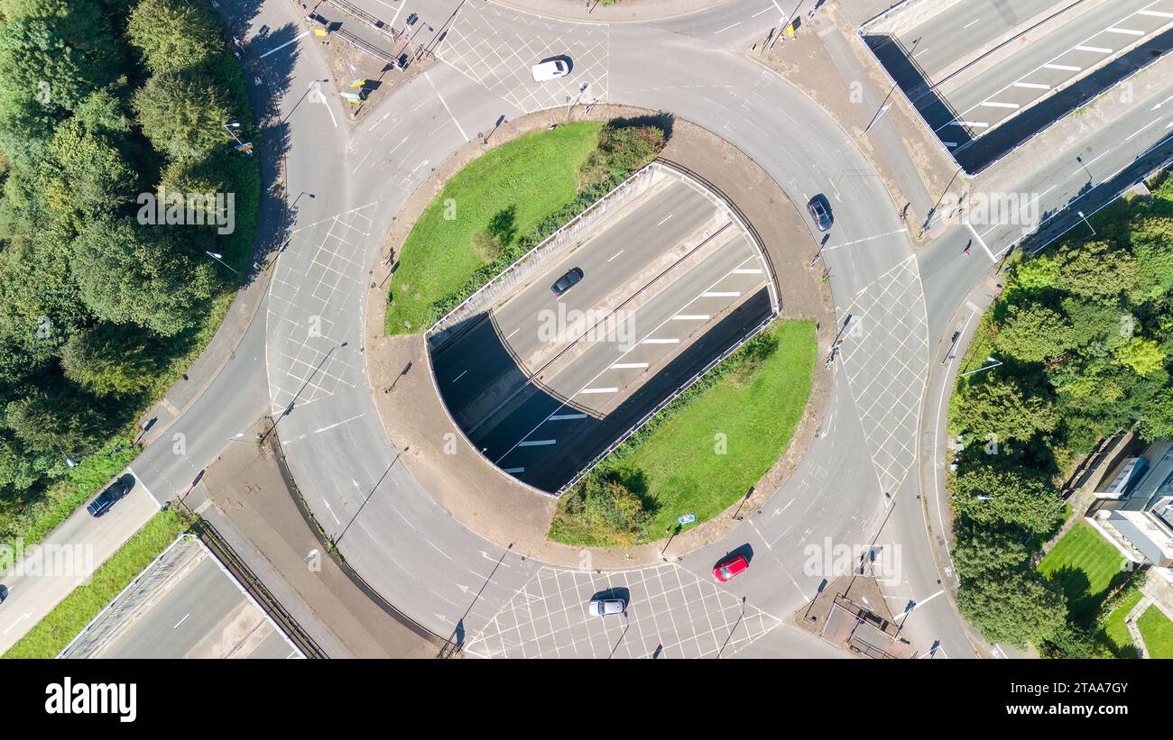 Aerial drone view over the A46 - A4 Roundabout leading into the City of ...