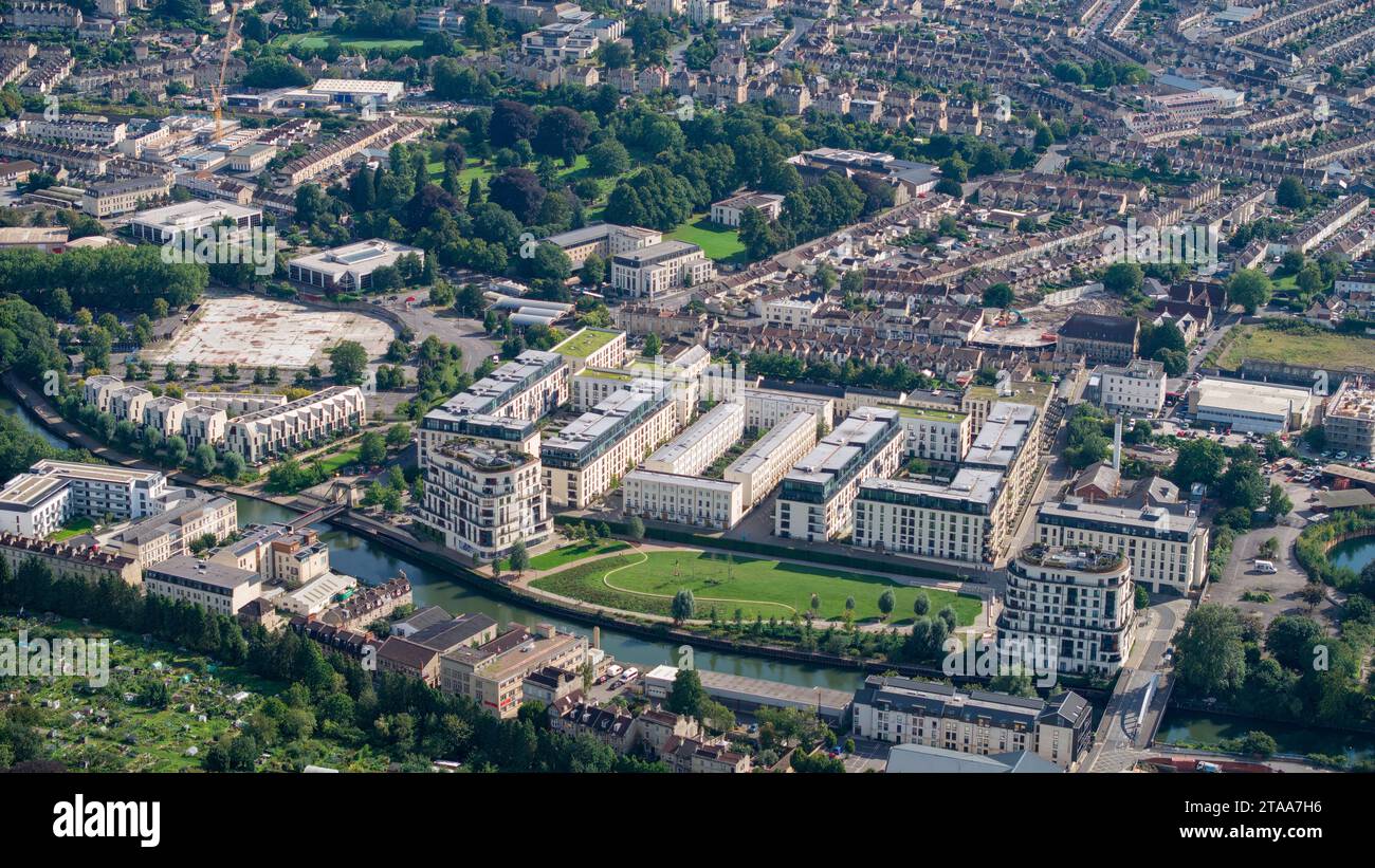 Aerial drone view showing part of Bath's new riverside housing ...