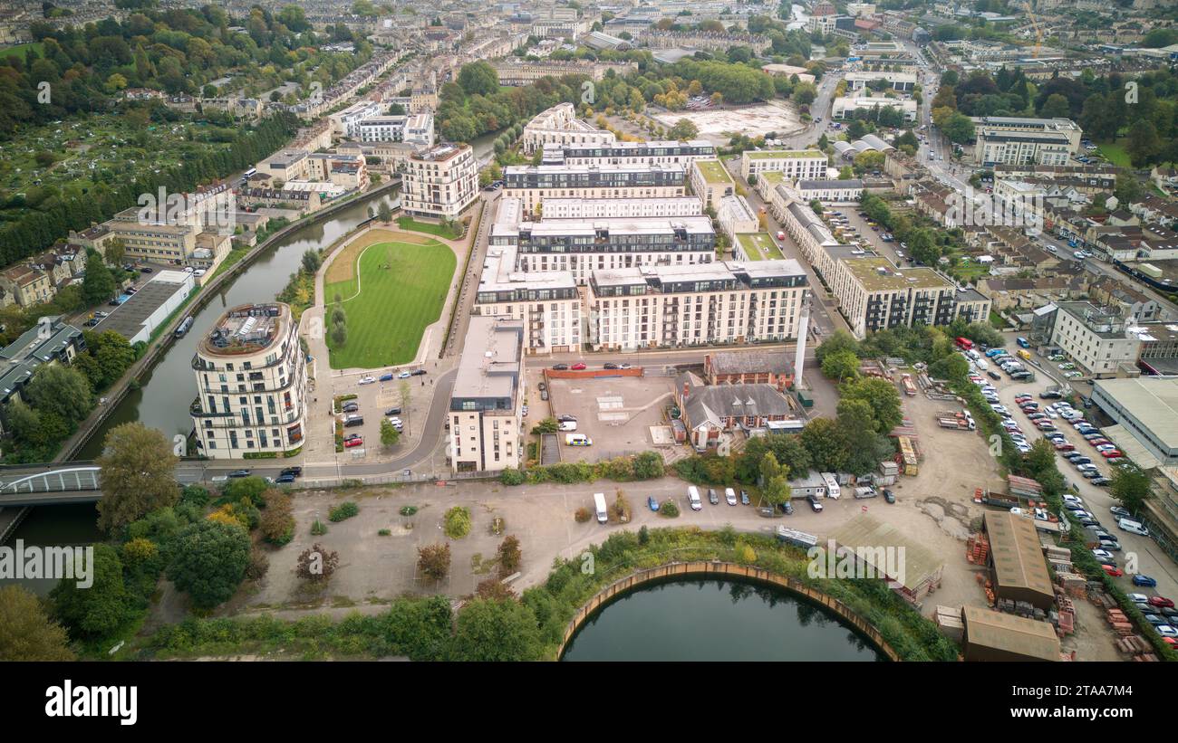 Aerial drone view showing part of Bath's new riverside housing ...