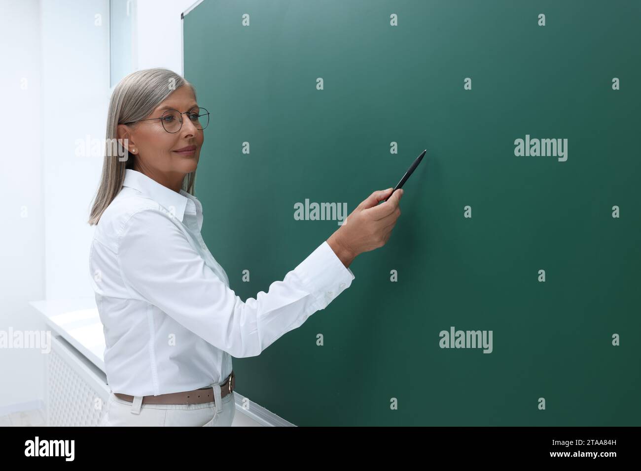 Professor explaining something at blackboard in classroom, space for ...