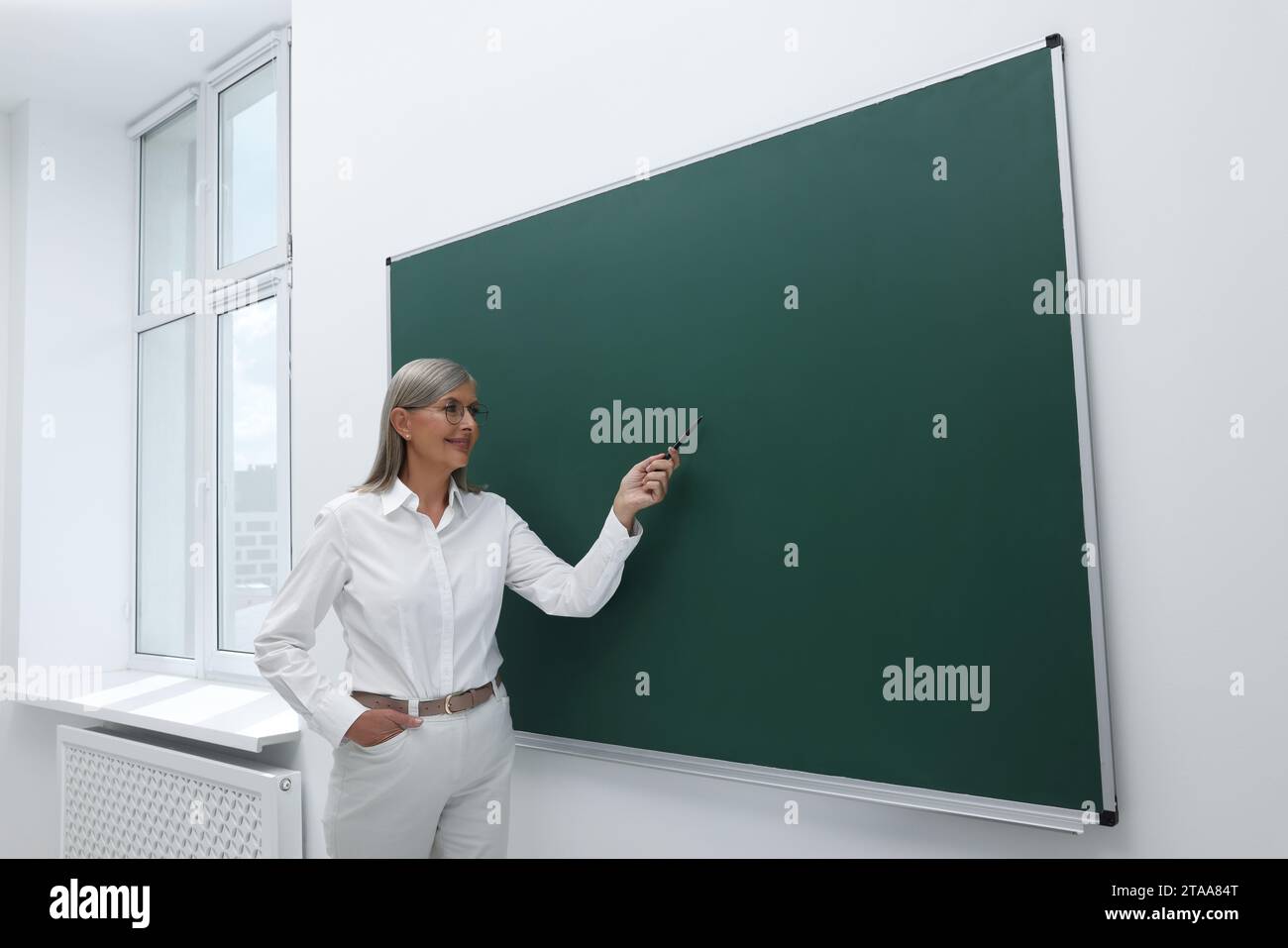 Professor explaining something at blackboard in classroom, space for ...