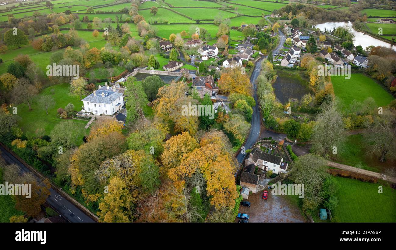 Drone view of Winford road, leading out of the village of Chew Magna ...