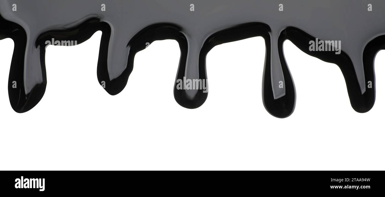 Black viscous liquid flowing on white background Stock Photo - Alamy