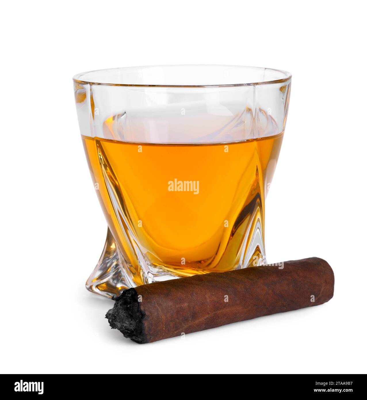 Glass of whiskey and burnt cigar isolated on white Stock Photo - Alamy