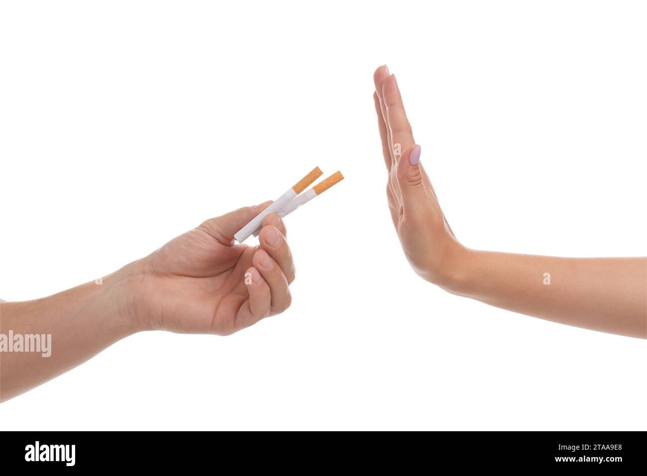 Stop smoking concept. Woman refusing cigarettes on white background ...
