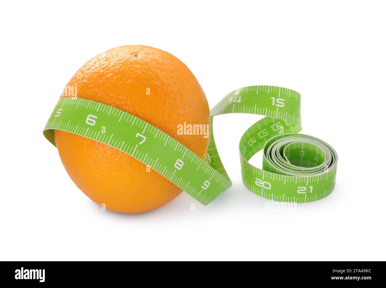 Cellulite problem. Orange with measuring tape isolated on white Stock ...