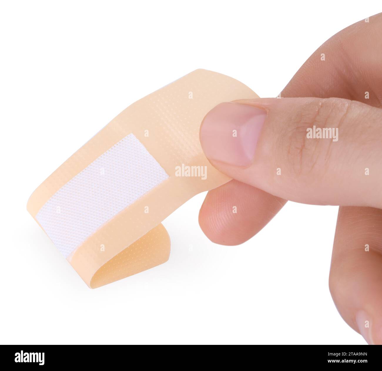Woman with medical adhesive bandage isolated on white, closeup Stock ...