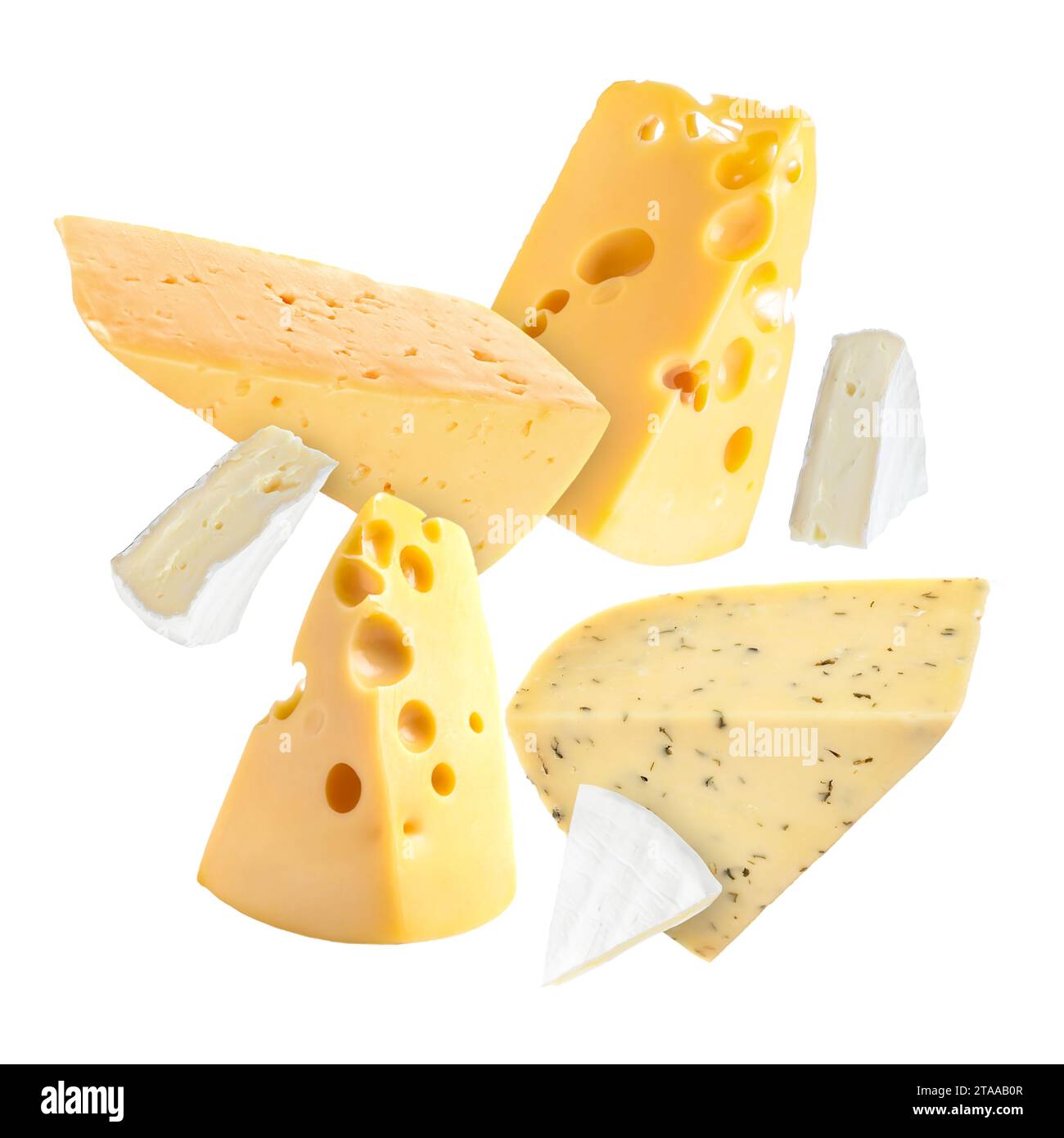 Different kinds of cheese falling on white background Stock Photo - Alamy