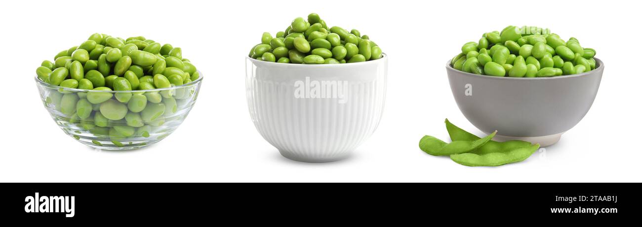 Fresh edamame soybeans and pods isolated on white, set Stock Photo - Alamy