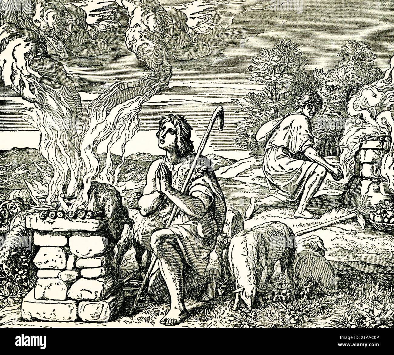 The 1895 caption reads" "Abel's Sacrifice." Abel, a generous shepherd ...