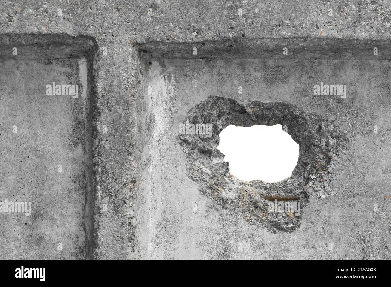 Hole circle round in concrete fence damaged wall, isolated white Stock ...