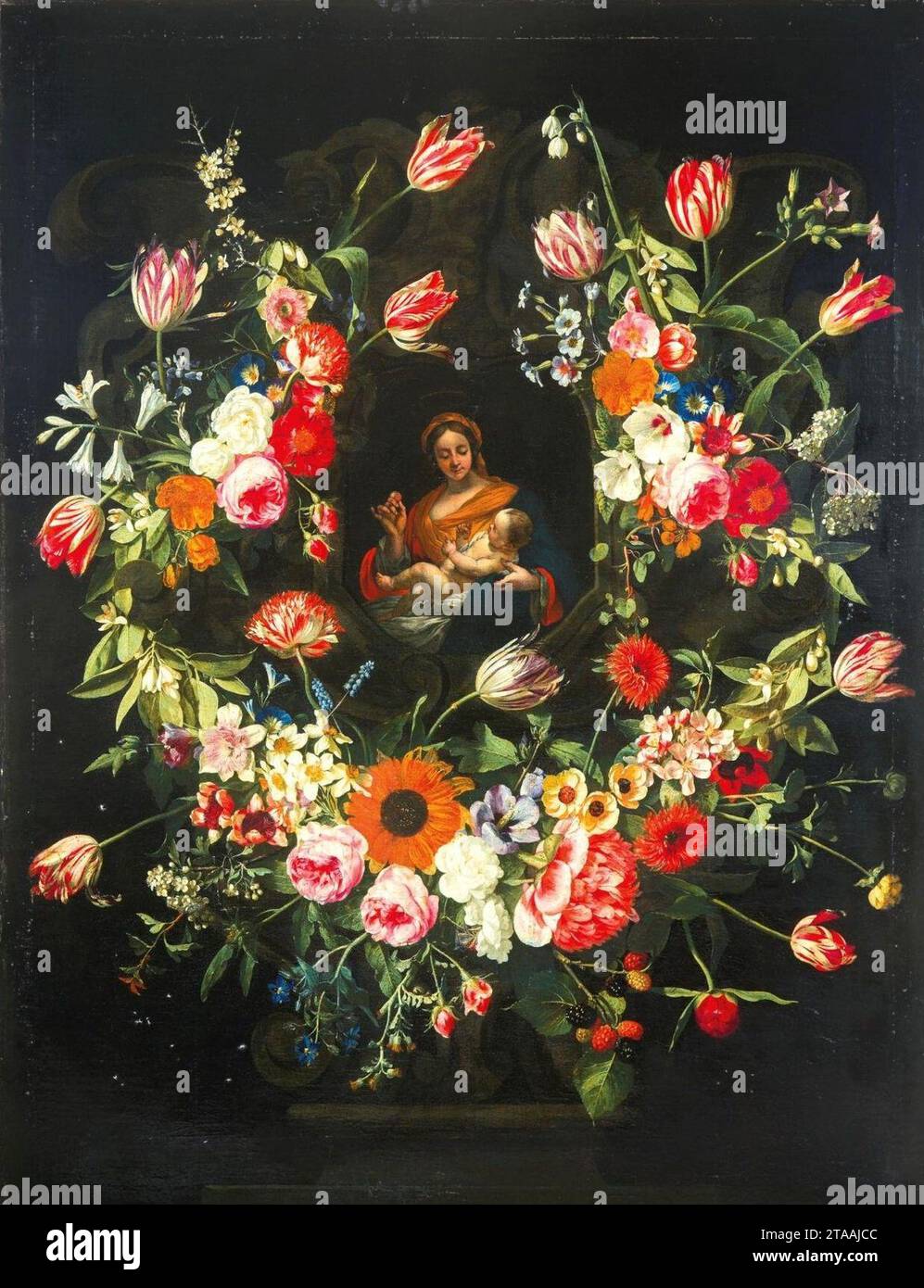 Virgin and Child in a Stone Niche Surrounded by Flowers by Gaspar ...