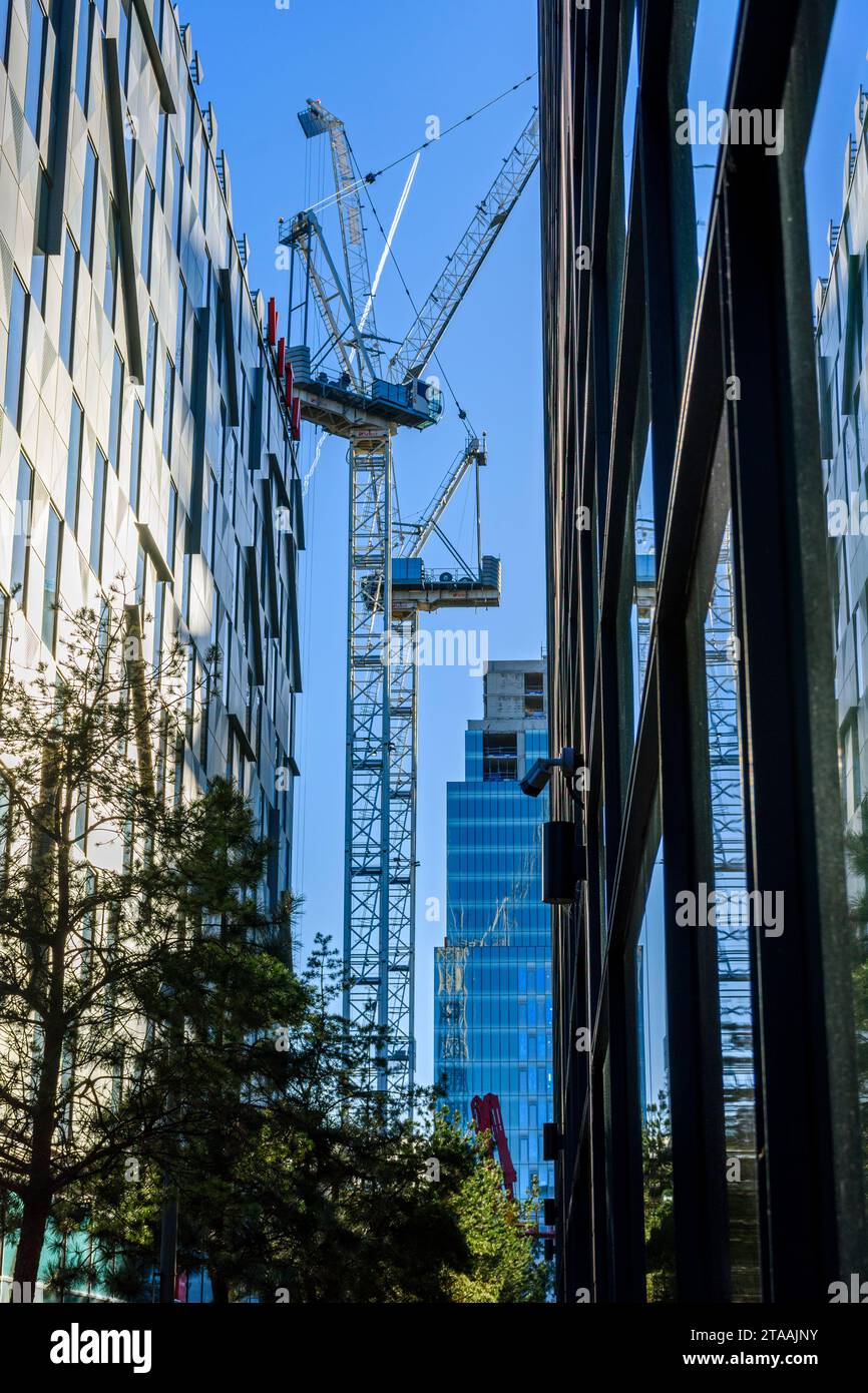 Two tower cranes on a construction site seen between buildings on Jack ...