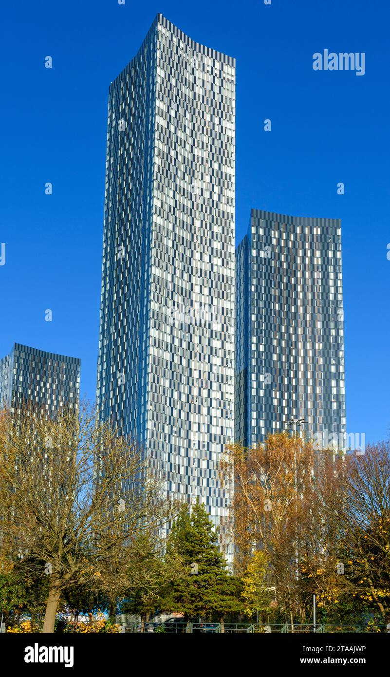 Three of the Deansgate Square tower blocks. From Hulme Park, Manchester ...