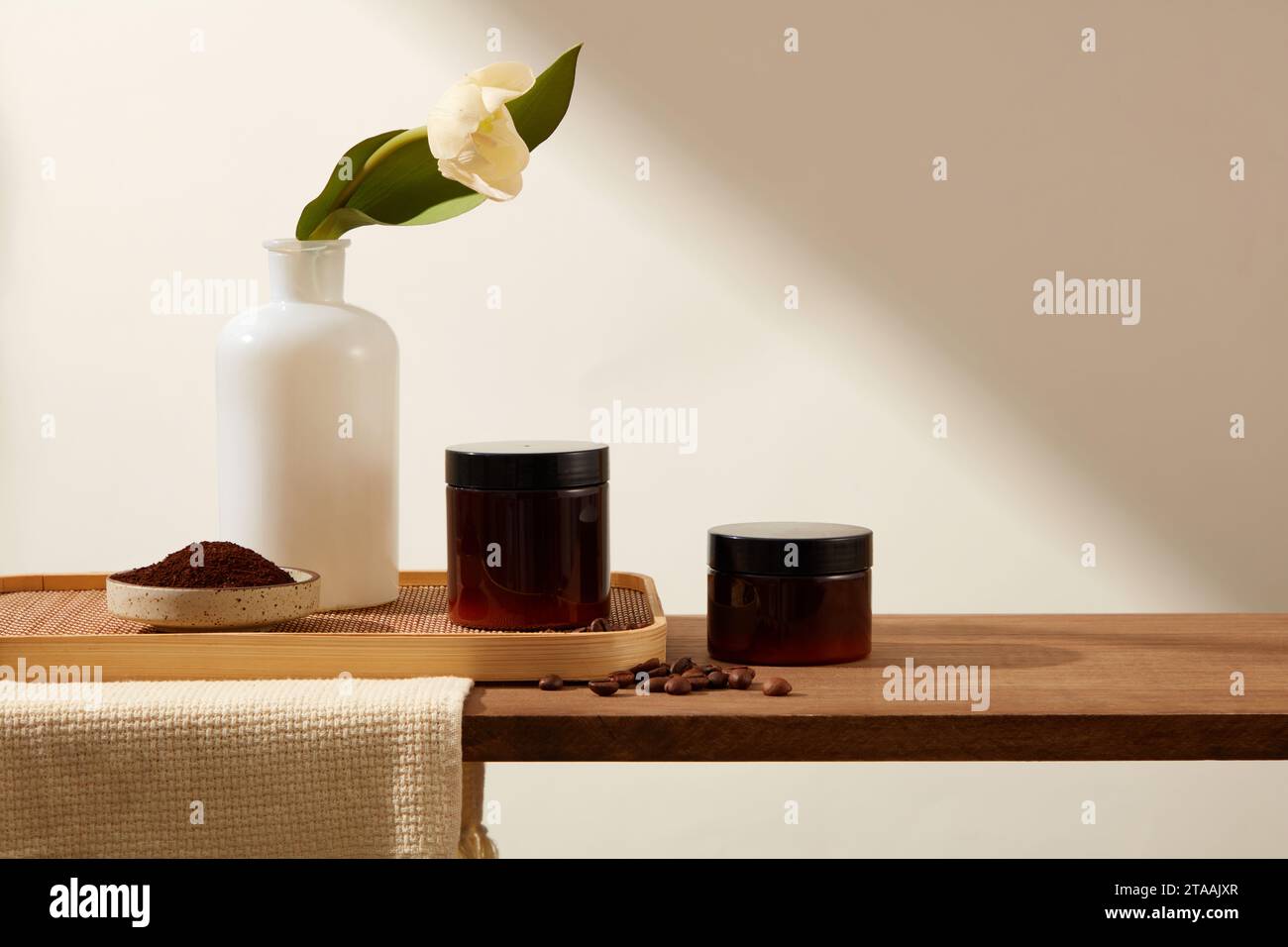 Set of amber body care jars unlabeled, coffee beans, coffee powder and ...