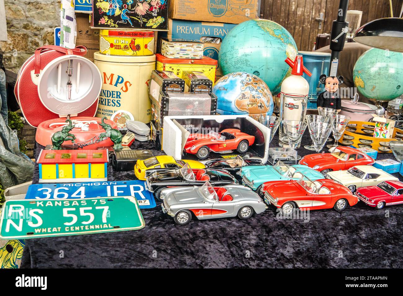 WETTENBERG, HESSE, GERMANY - 07 - 28 - 2023: Market boot with objects ...