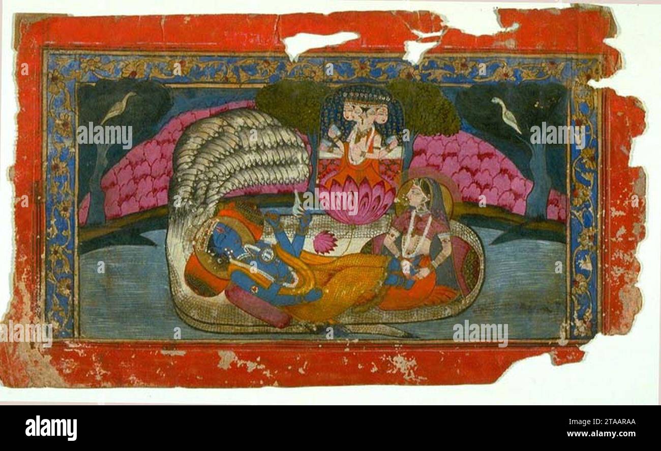 Vishnu reclining on the cosmic serpent Shesha, with Brahma emerging ...