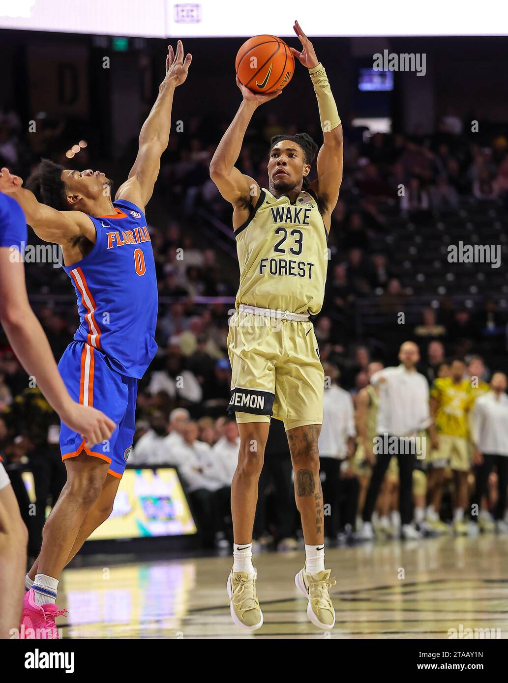 November 29, 2023: Wake Forest junior Hunter Sallis (23) takes a 3 ...