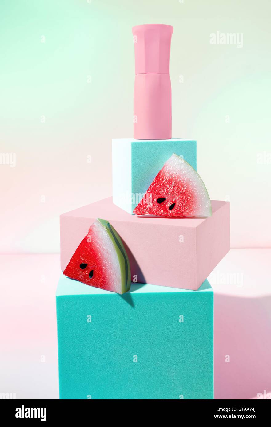 Beauty Serum Pump on Tower with Watermelon Slice Ingredients, Beauty Packaging Mock Up Stock ...