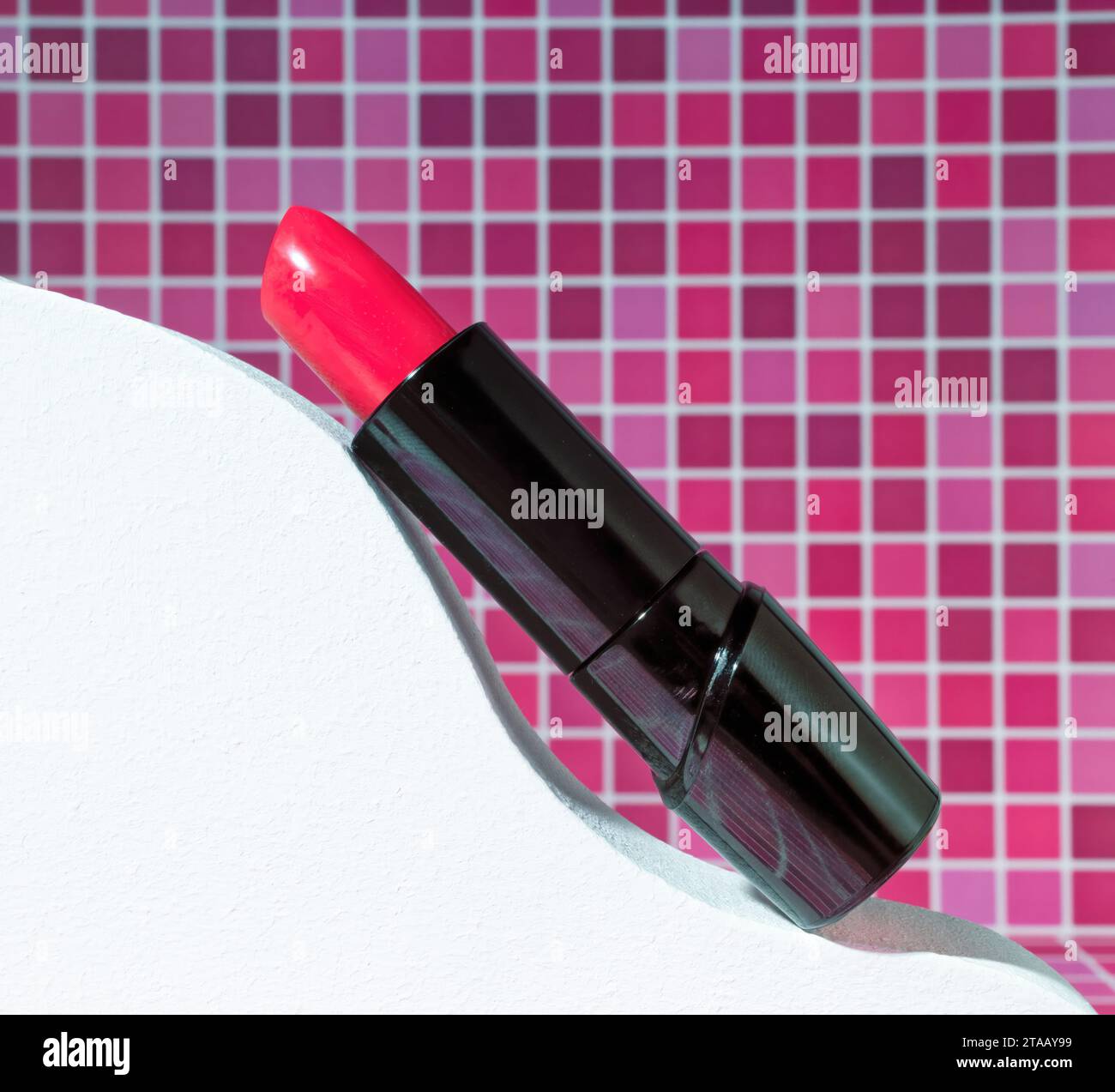 A Tube of Red Lipstick on Bathroom on Wavy Abstract Backdrop, Beauty ...