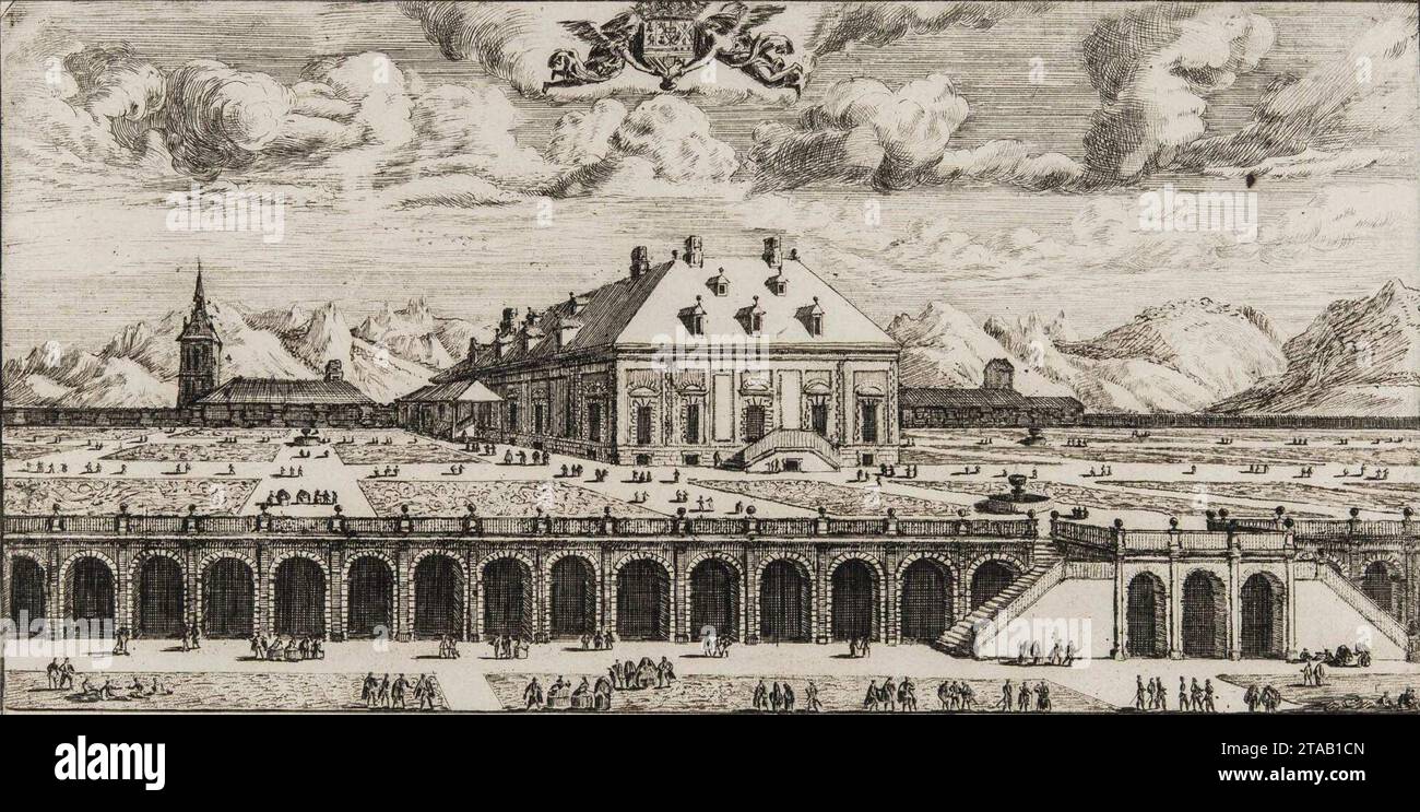 Vista del Palacio de la Zarzuela (Recuadro del grabado Stock Photo - Alamy