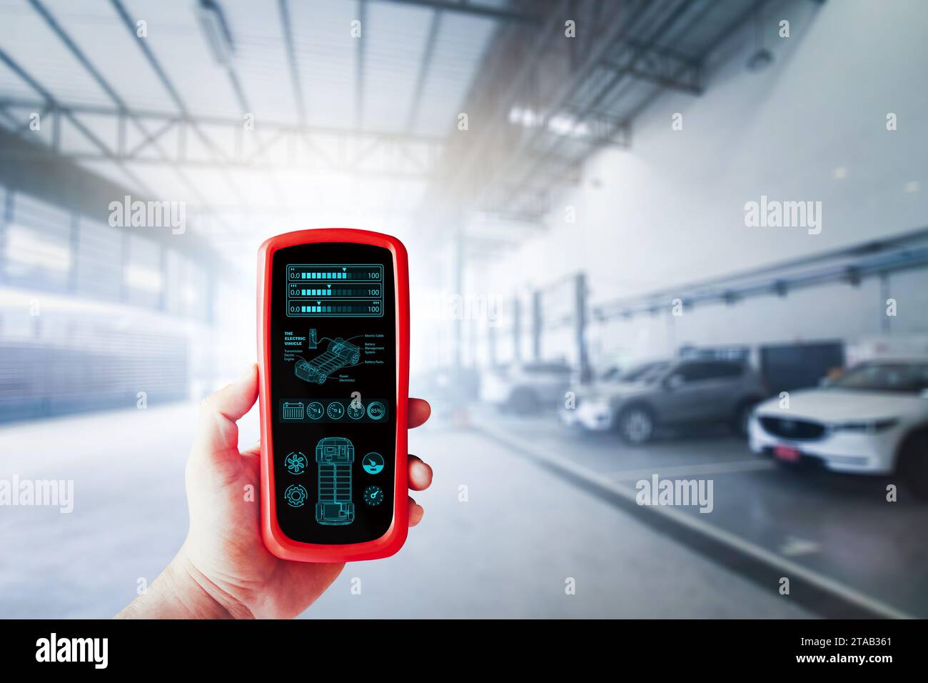 EV Electric vehicle checking tools in a technician hand for electric ...