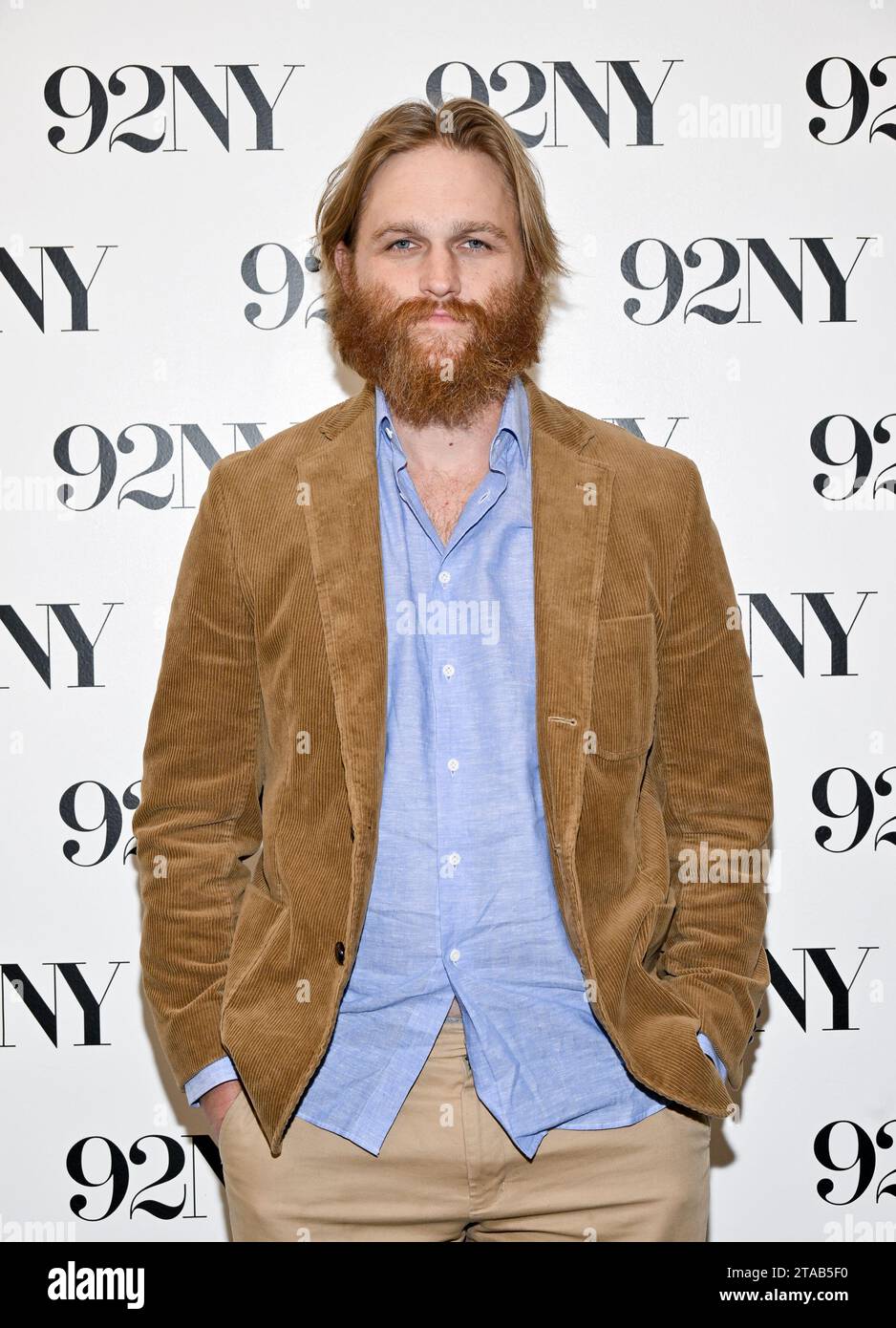 Wyatt Russell poses backstage before discussing the AppleTV+ series ...