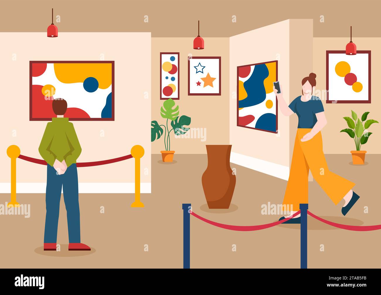 Exhibition Visitors Viewing a Gallery with Modern Abstract Painting at ...