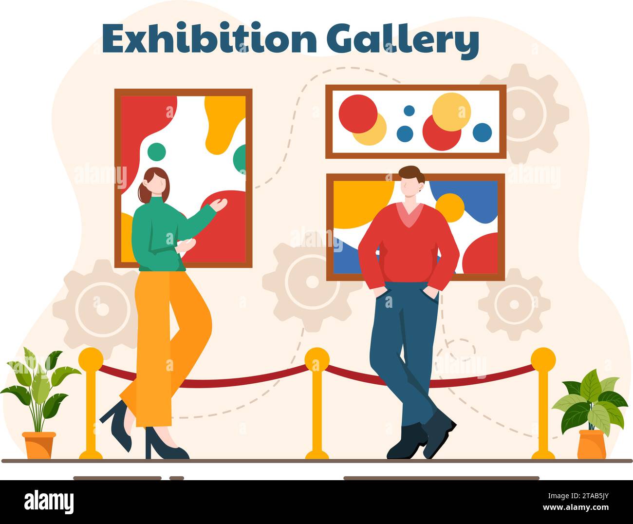 Exhibition Visitors Viewing a Gallery with Modern Abstract Painting at ...