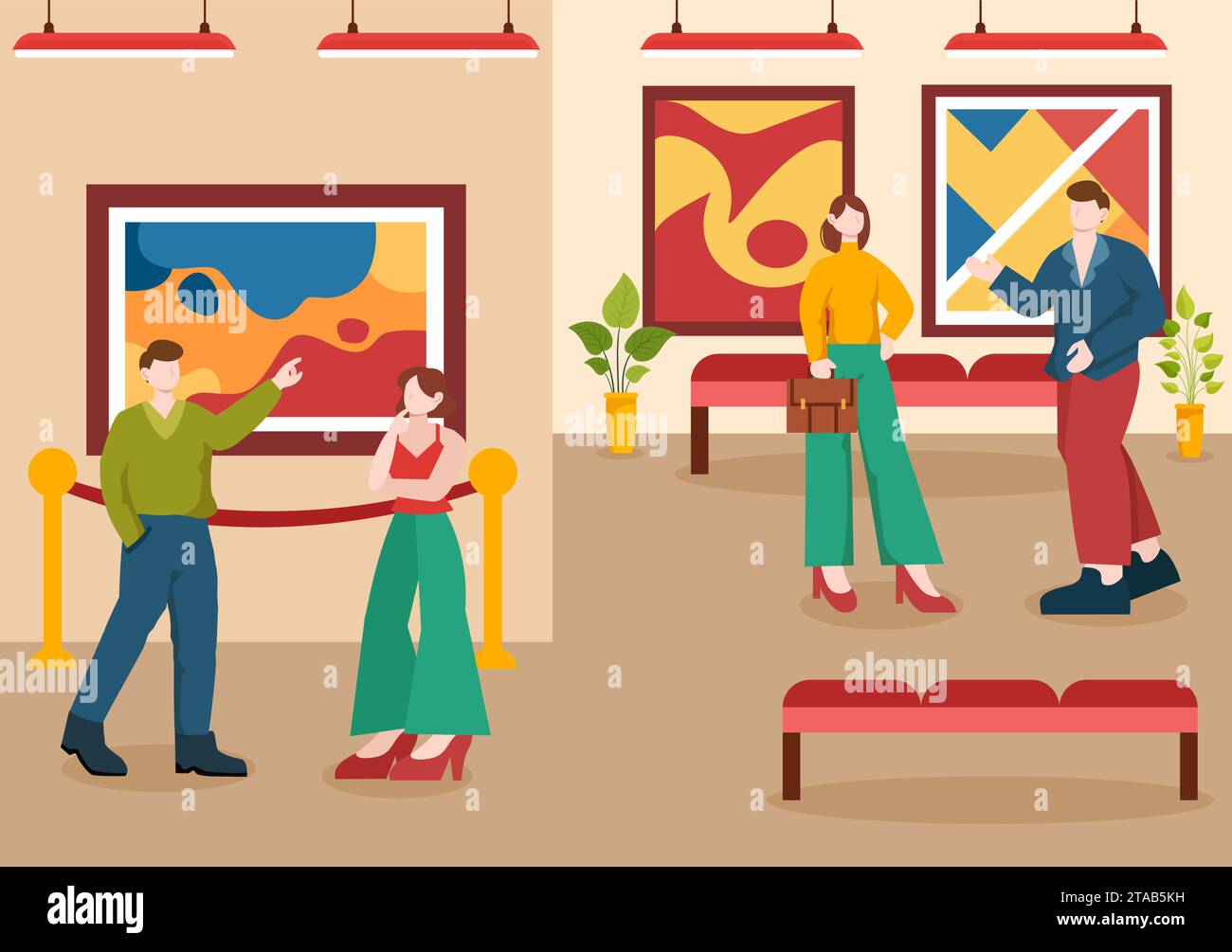 Exhibition Visitors Viewing a Gallery with Modern Abstract Painting at ...