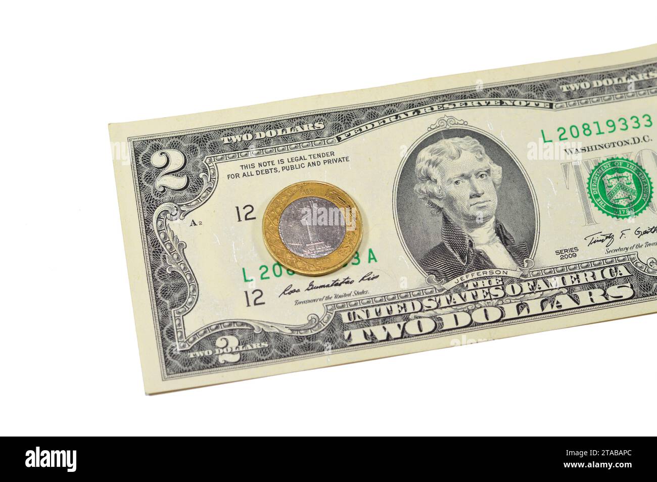 One Saudi Arabia riyal coin year 2016 on 2 American dollars USD paper ...