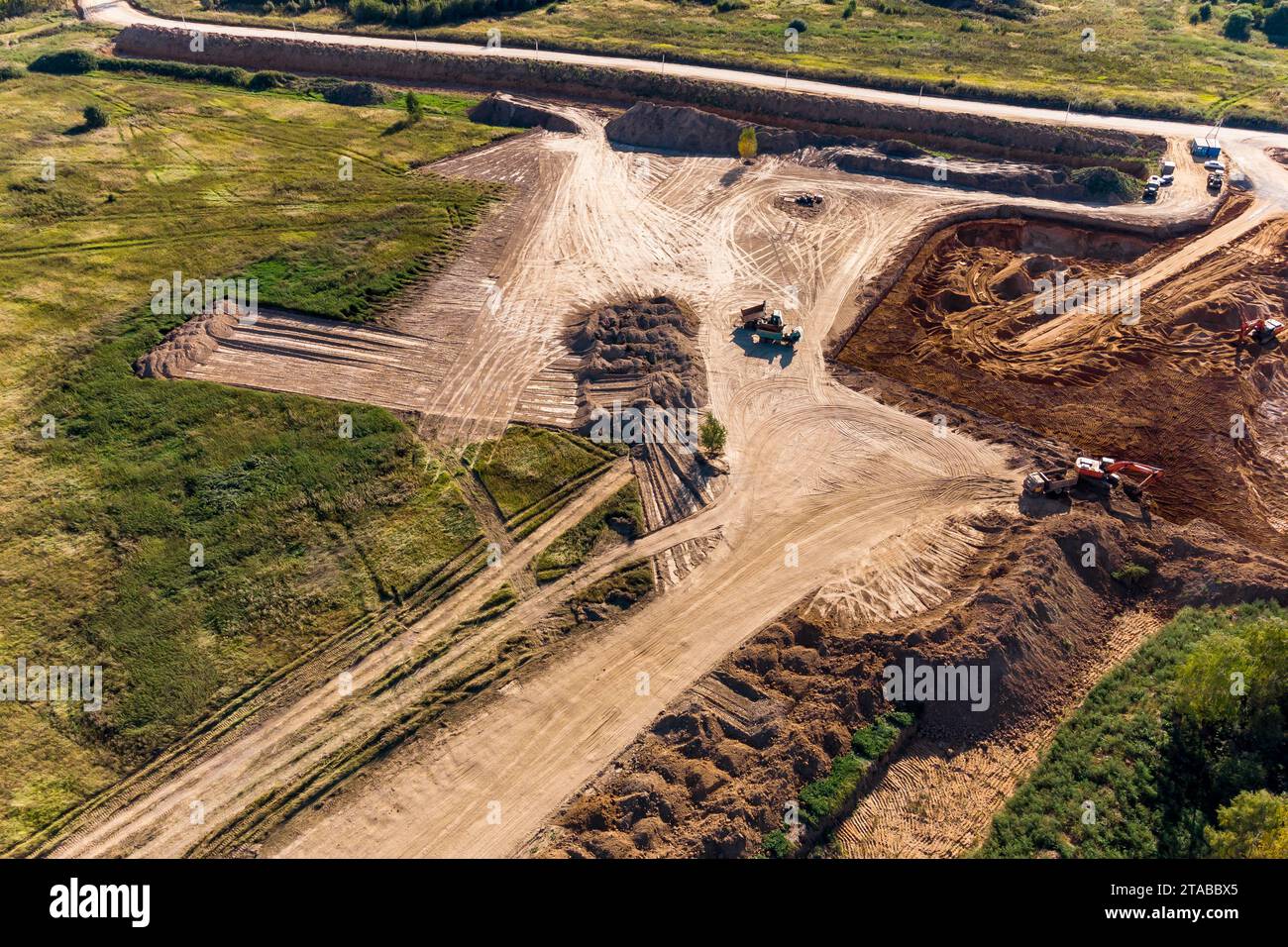 Clearing the area for a sand quarry, aerial view of the removal of ...