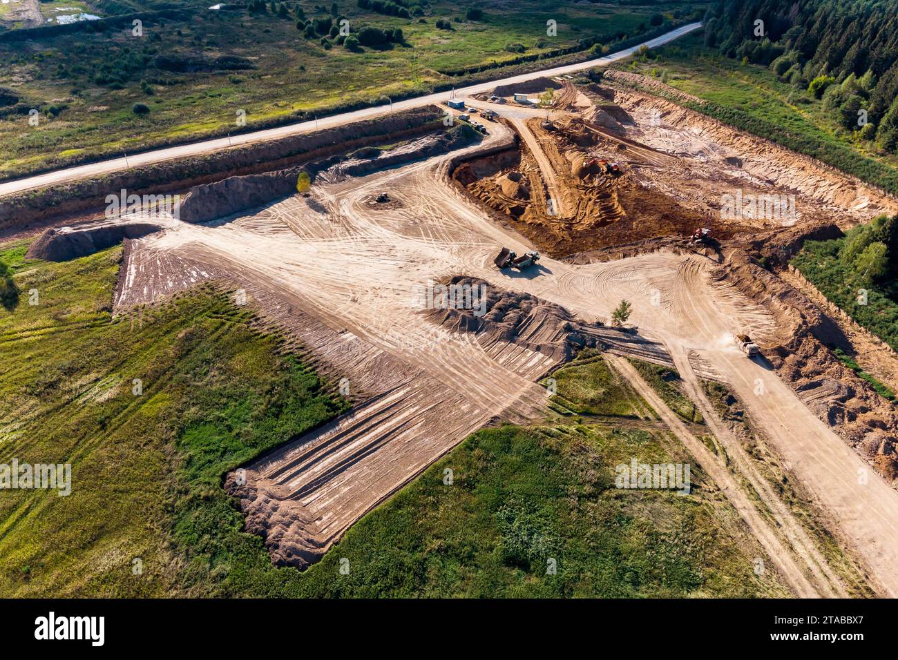 Clearing the area for a sand quarry, aerial view of the removal of ...