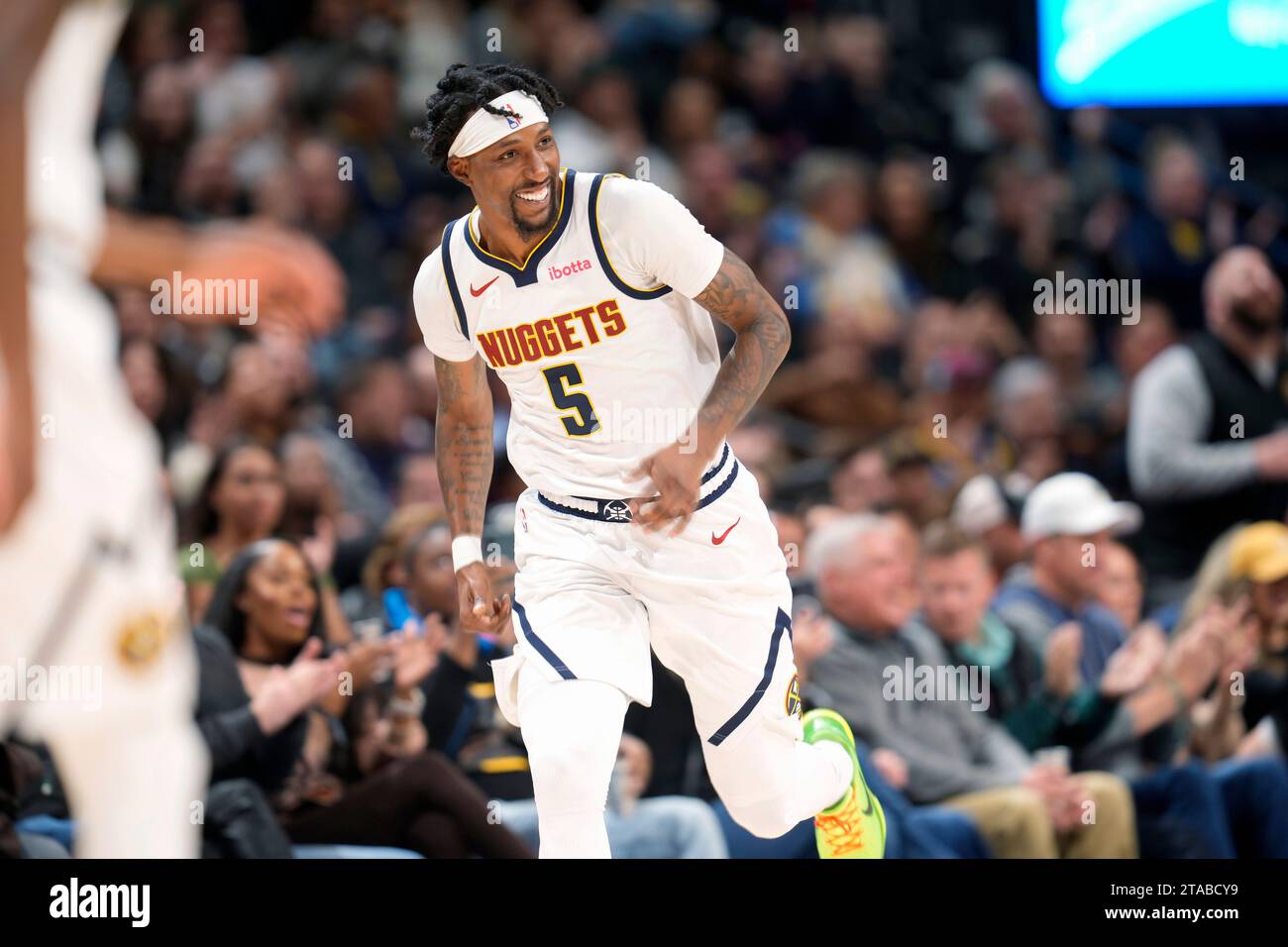 Denver Nuggets guard Kentavious Caldwell-Pope reacts after hitting a 3 ...