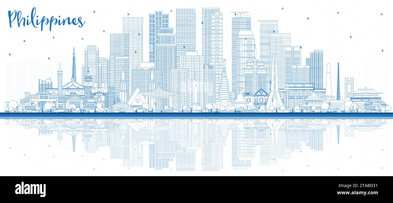 Outline Philippines City skyline with blue buildings and reflections ...