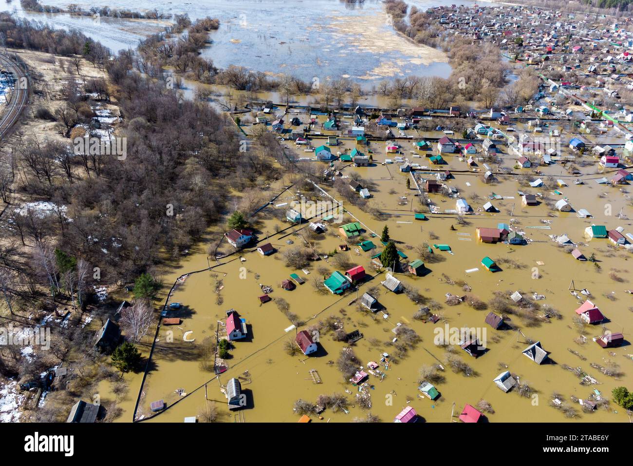 Flooded summer cottages during the spring flood of the river, aerial ...