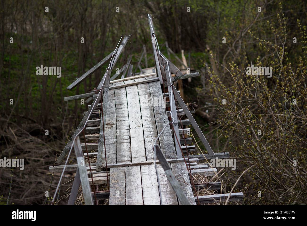 A wooden suspension bridge in the countryside distorted after a spring ...