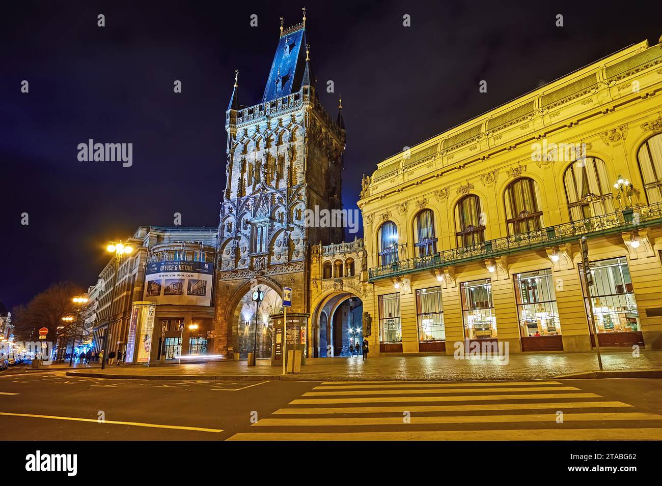 Illuminated medieval Gothic Powder Tower is one of the landmarks of ...