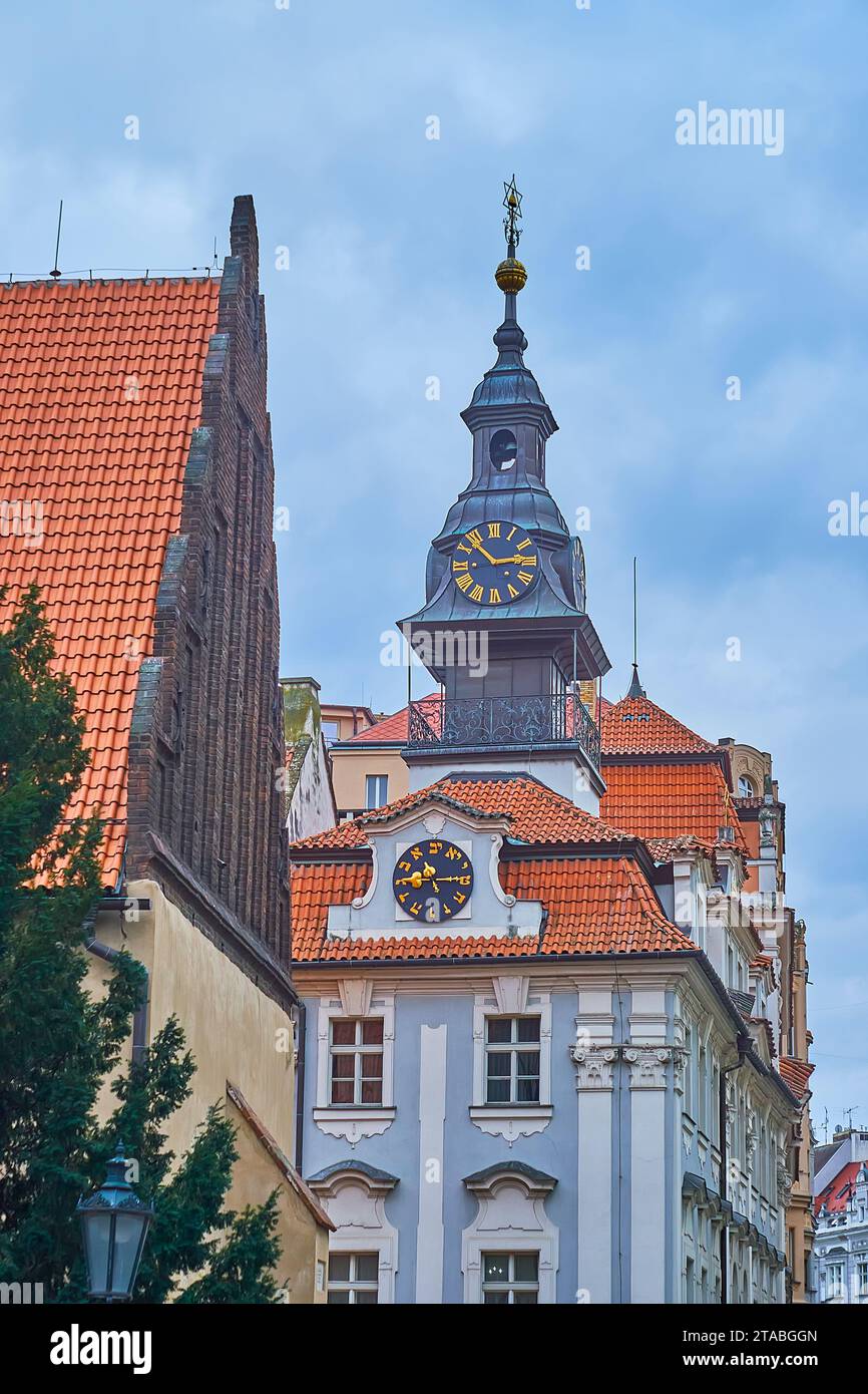 The roof of Old New Synagogue and the Hebrew clock atop the Jewish Town ...