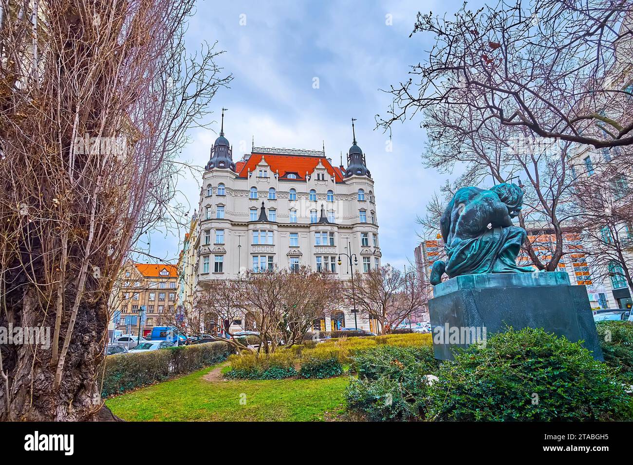 Parizska Street with park, bronze Moses Statue, vintage houses and ...