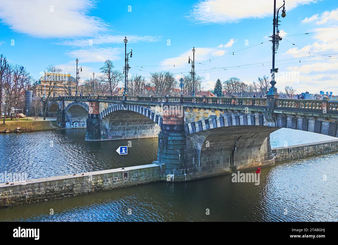 Historic Legion Bridge and stone wall of Smichov River Lock on Vltava ...