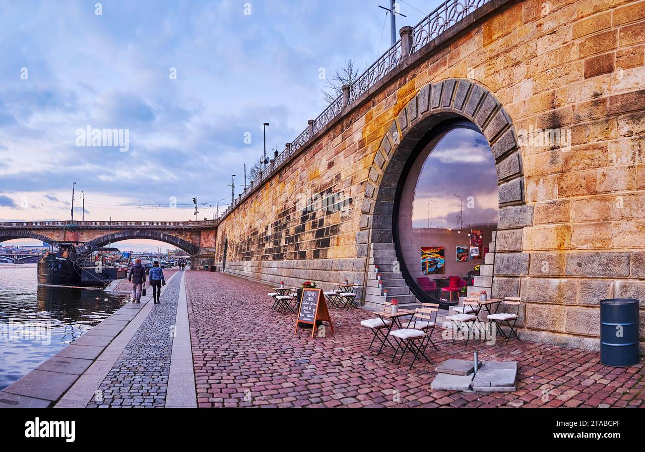 The outdoor dining and bar on Naplavka embankment of Vltava, Prague ...