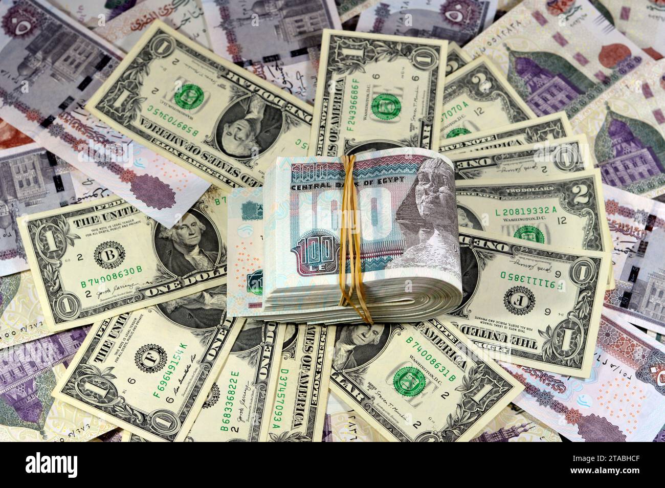 Folded Egyptian money banknote bills of 100, 200, 50 EGP LE one and two ...