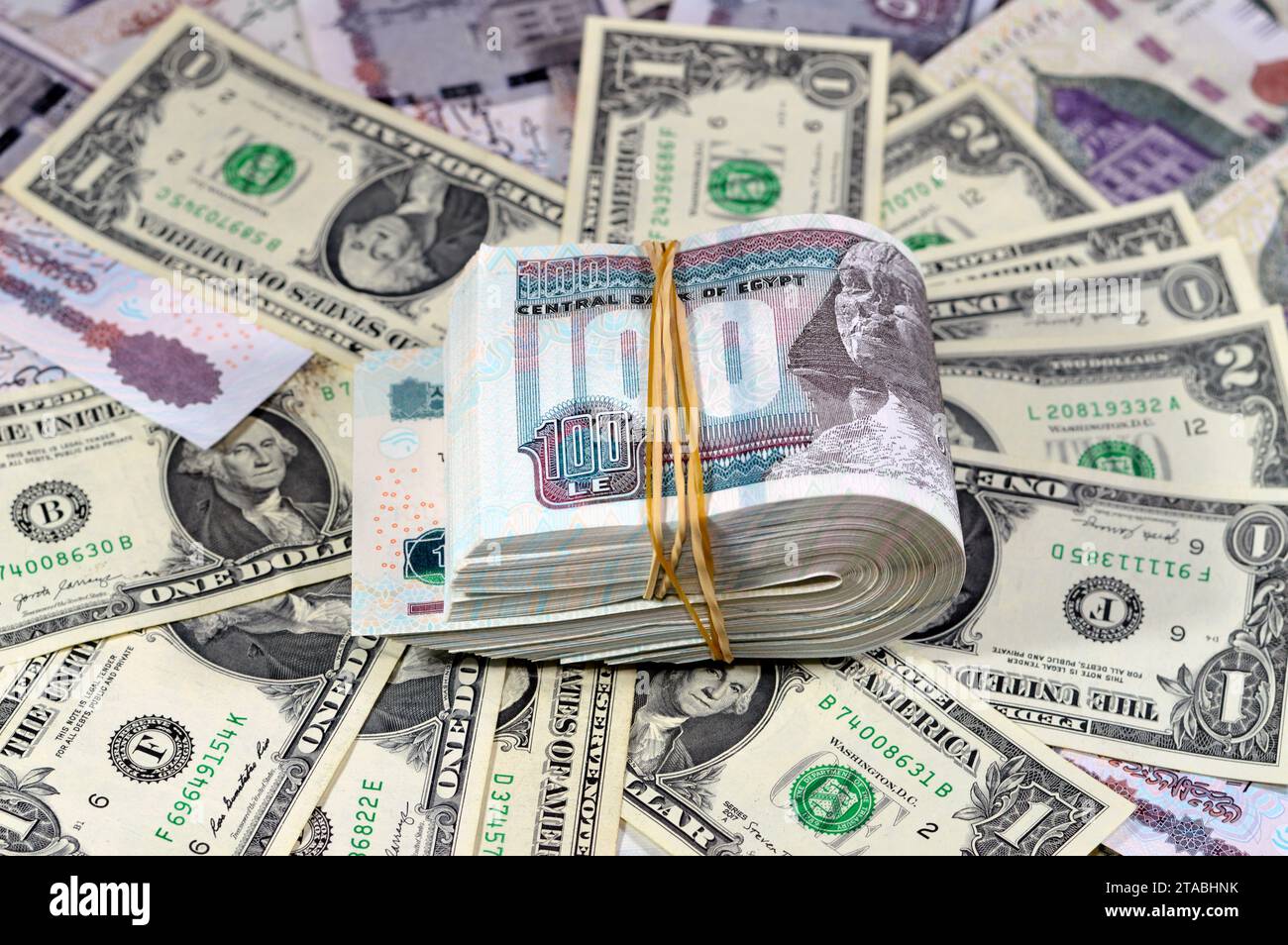 Folded Egyptian money banknote bills of 100, 200, 50 EGP LE one and two ...