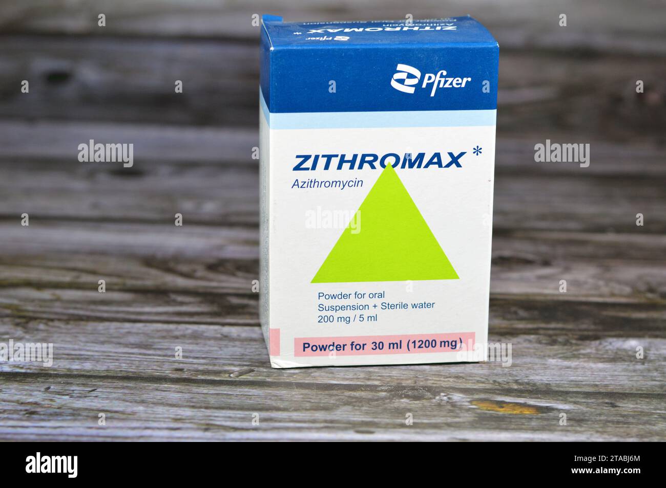 Cairo, Egypt, October 8 2023: Zithromax Azithromycin suspension powder 30ml 1200mg 200mg per 5ml ...