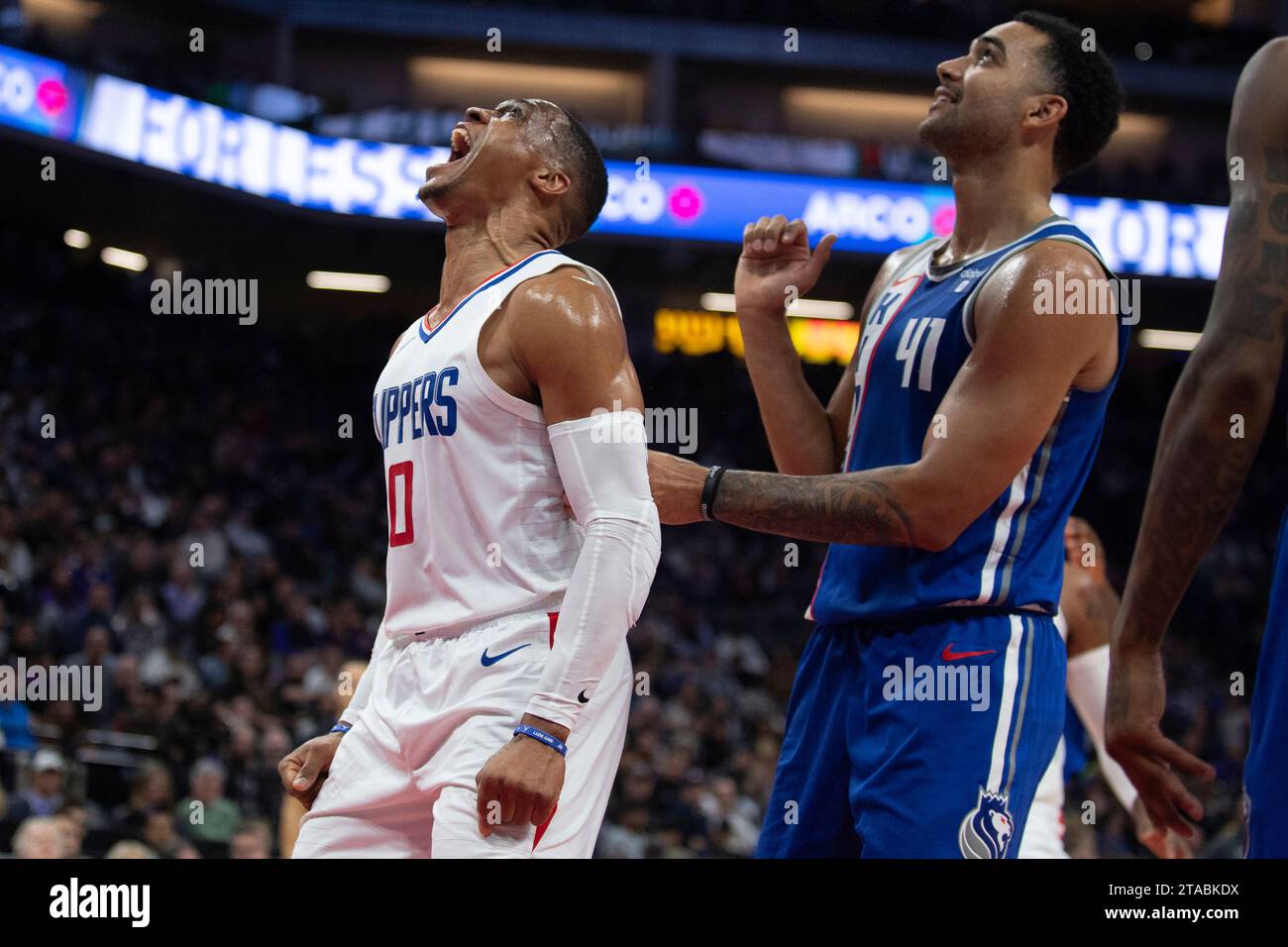 Los Angeles Clippers guard Russell Westbrook (0) lets out a yell after ...