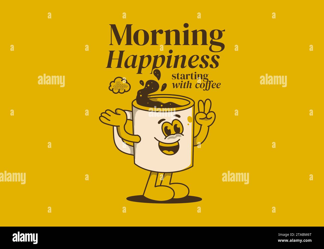 Morning happiness starting with coffee. Vintage character illustration ...